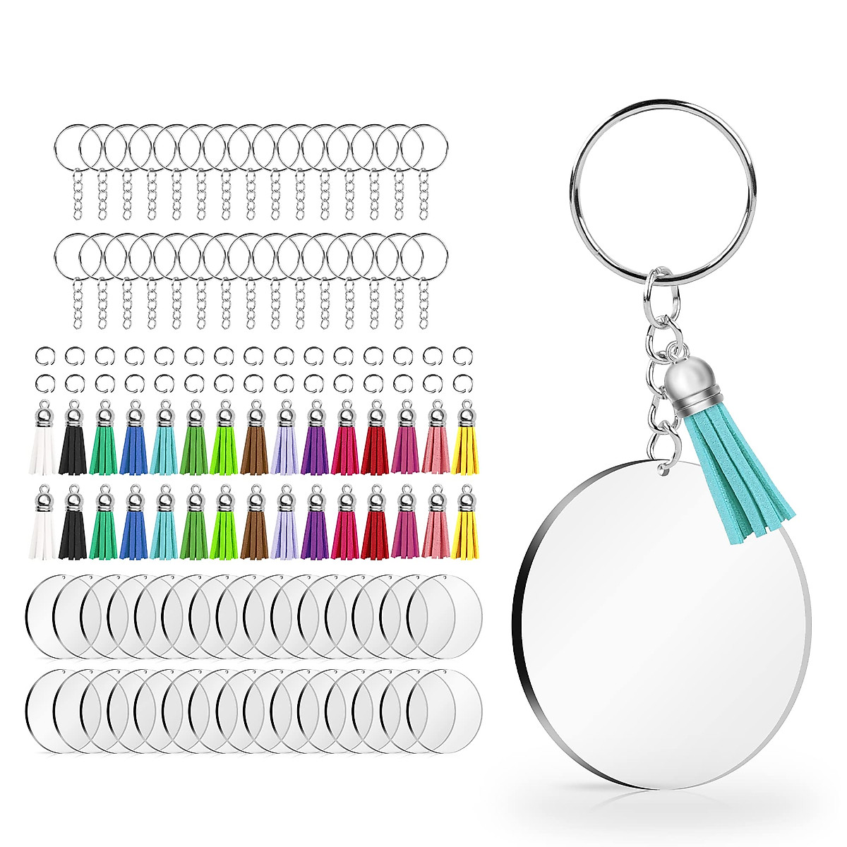 120 pcs Acrylic Keychain Blank with Key Rings: Tassels Key Chain for Craft,Bulk Keychain Rings,Acrylic Keychain Blanks Rings,Key Chain Kit