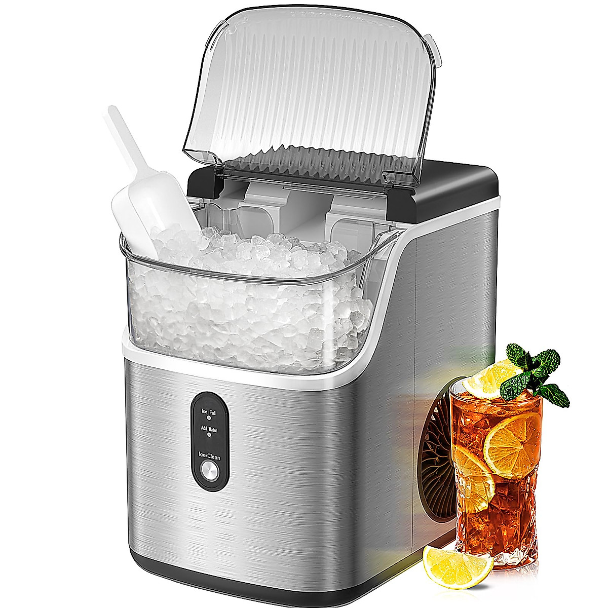Antarctic Star Nugget Ice Maker with Soft Chewable Pellet Ice, Pebble Portable Countertop Ice Machine, 36Lbs/24H, Automatic Cleaning, Sonic Ice, One-Click Operation, for Kitchen Stainless Steel Silver
