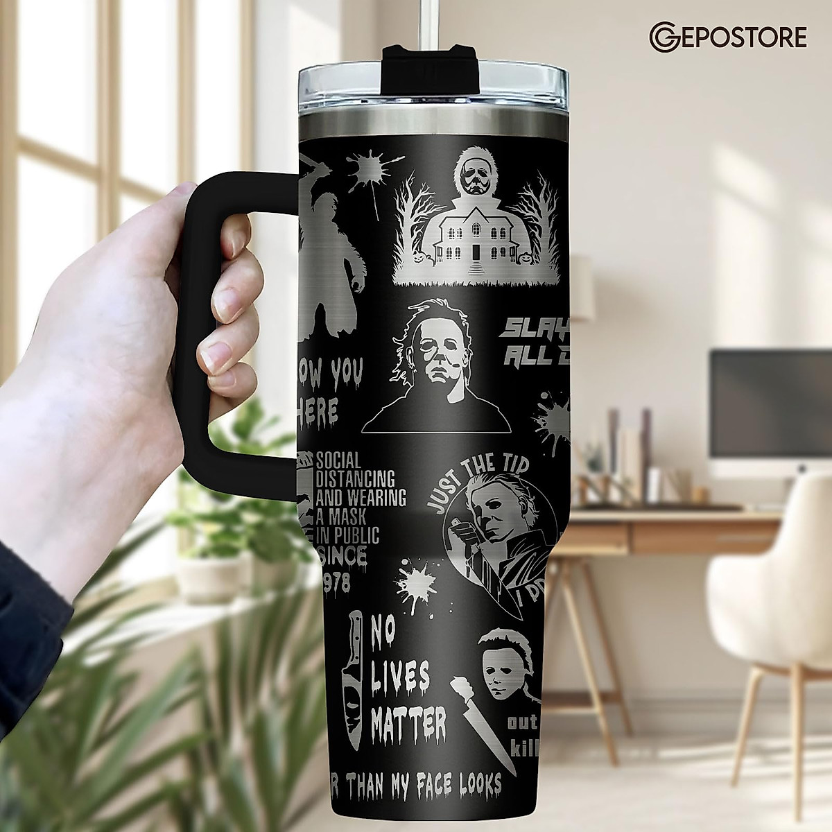 GEPOSTORE Movie Lover Gifts, Horror Movie 40 oz Laser Tumbler Handle and Straw, Horror Characters Tumblers Cup, Halloween Mug, Birthday Gifts for Movies Fans