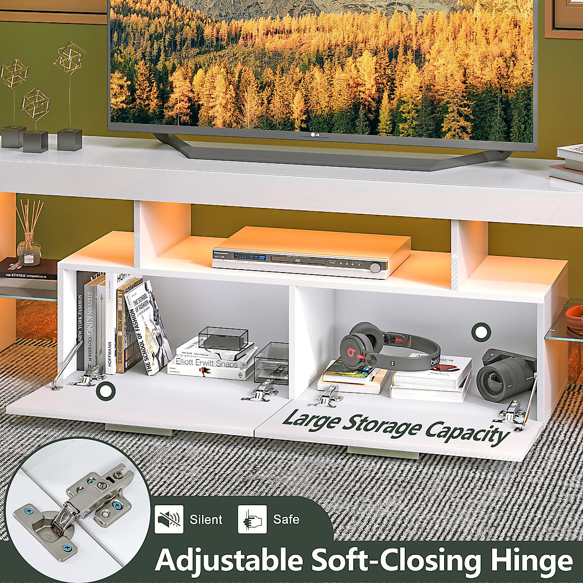 Clikuutory Modern LED 63 inch Long TV Stand with Large Storage Drawer for 50 55 60 65 70 75 Inch TVs, White Wood TV Console with High Glossy Entertainment Center for Living Room, Bedroom, White