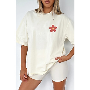 Cioatin Women’s Aesthetic Y2K Oversize Tee Shirt Top Floral Slogan Letter Graphic Drop Shoulder Short Sleeve Tshirt Apricot