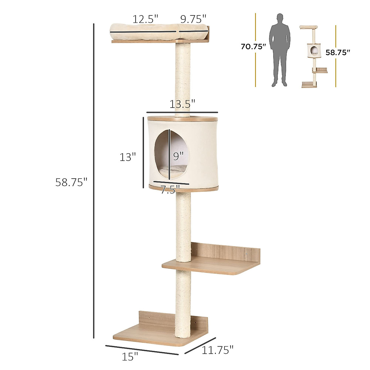 PawHut 4-Level Wall-Mounted Cat Tree Activity Tower, Wall Cat Shelves with Sisal Rope Scratching Posts, Cat Condo and Bed, Light Brown