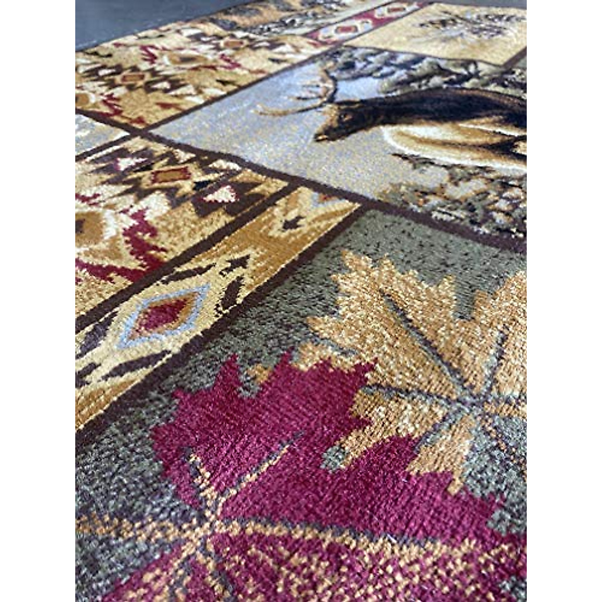 Cabin Style Distressed Antiquated Area Rug Black Bear Elk Deer Wildlife Animal Country Hunting Southwest Wilderness Design 760 (5 Feet X 7 Feet)