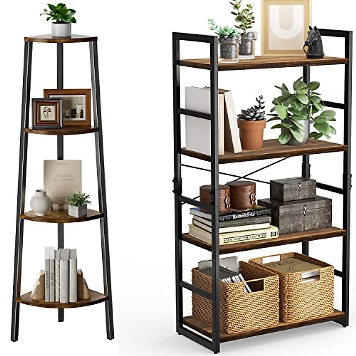 Pipishell 4 Tier Corner Shelf & 4 Tier Standing Bookshelf