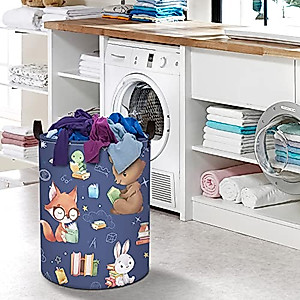 Clastyle 45L Lovely Animals Books Fox Turtle Bear Kids Laundry Hamper Rabbit Deer Koala Blue Round Toy Clothes Storage Basket for Children Room, 14.2x17.7 in