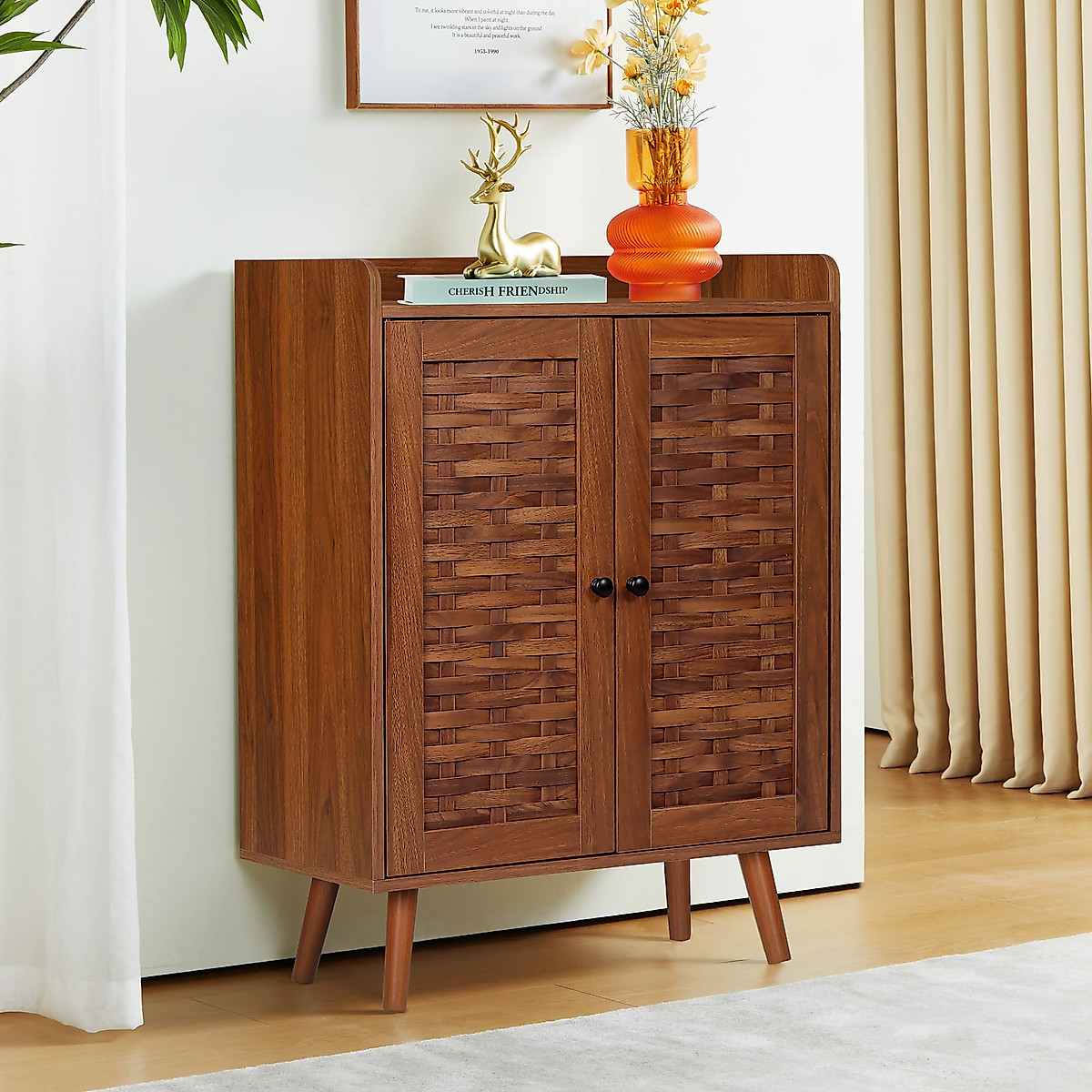 NVETHM Shoe Cabinet, Shoe Storage Cabinet with Two Rattan Doors and Adjustable Shelves, Free Standing Shoe Rack for Entryway, Living Room (Walnut)
