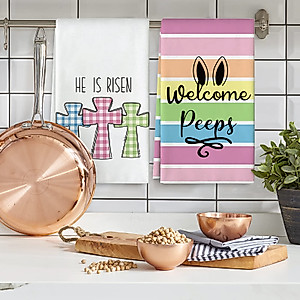 Whaline Easter Kitchen Towel 4 Pack Easter Bunny Rabbit Dish Towels 18 x 28 Inch Colorful Stripes Hand Drying Tea Towel for Spring Holiday Cooking Baking Cleaning Wipes