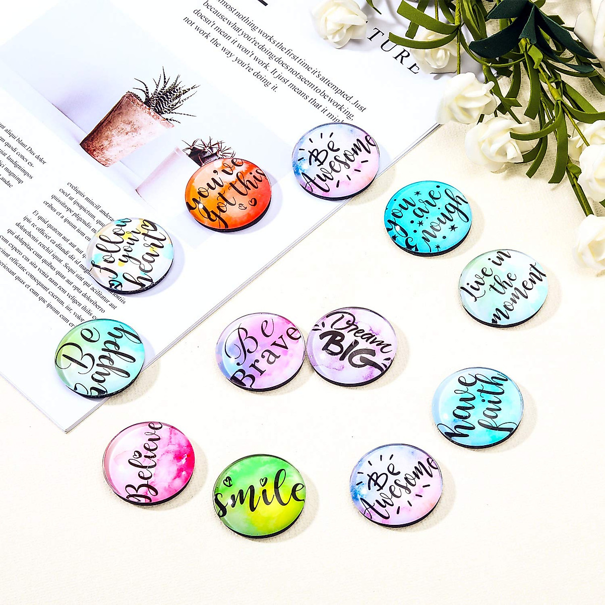 Outus 12 Pieces Motivational Glass Fridge Magnets Inspirational Quote Refrigerator Magnets for Classroom Whiteboard Locker Fridge Supplies