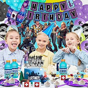 Video Game Party Supplies, Party Decorations for Boys Include Birthday Banner, Balloons, Backdrop, Tableware, Napkins, Foil Balloon, Chocolate Stickers and Bottle Labels