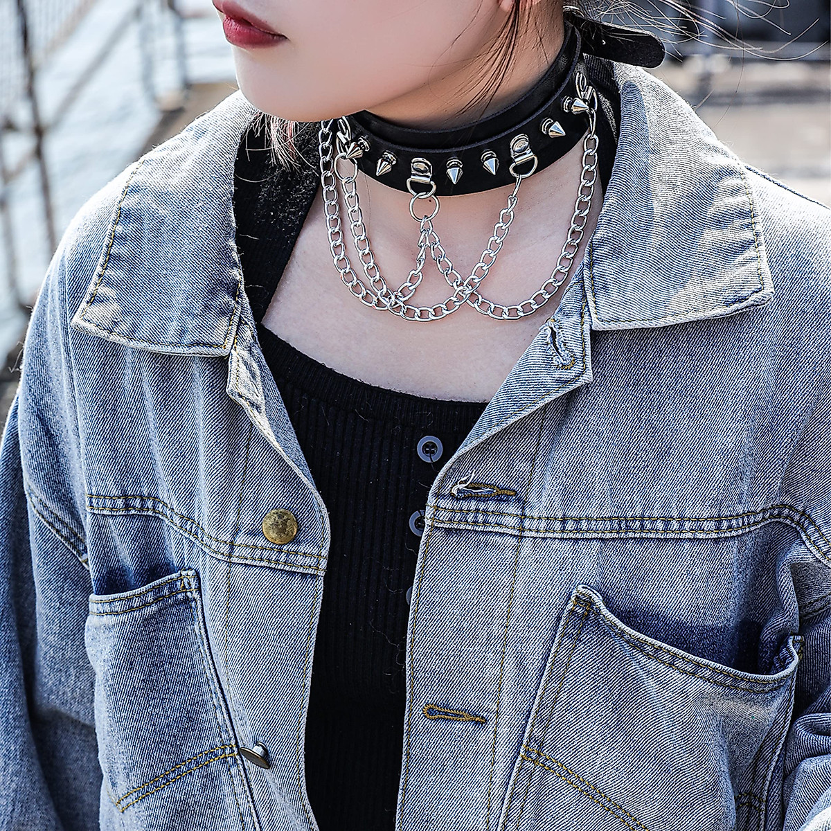 Manfnee Punk Goth Rock Collar for Women Men Leather Spike Chain Vintage Necklace Adjustable Black