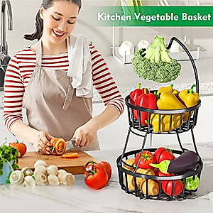 YFXCVSL 2 Tier Fruit Basket with Banana Tree Hanger, Countertop Fruit Vegetable Basket Bowl for Kitchen, Metal Wire Storage Basket Fruits Stand Holder Organizer for Bread Veggies Produce, Black