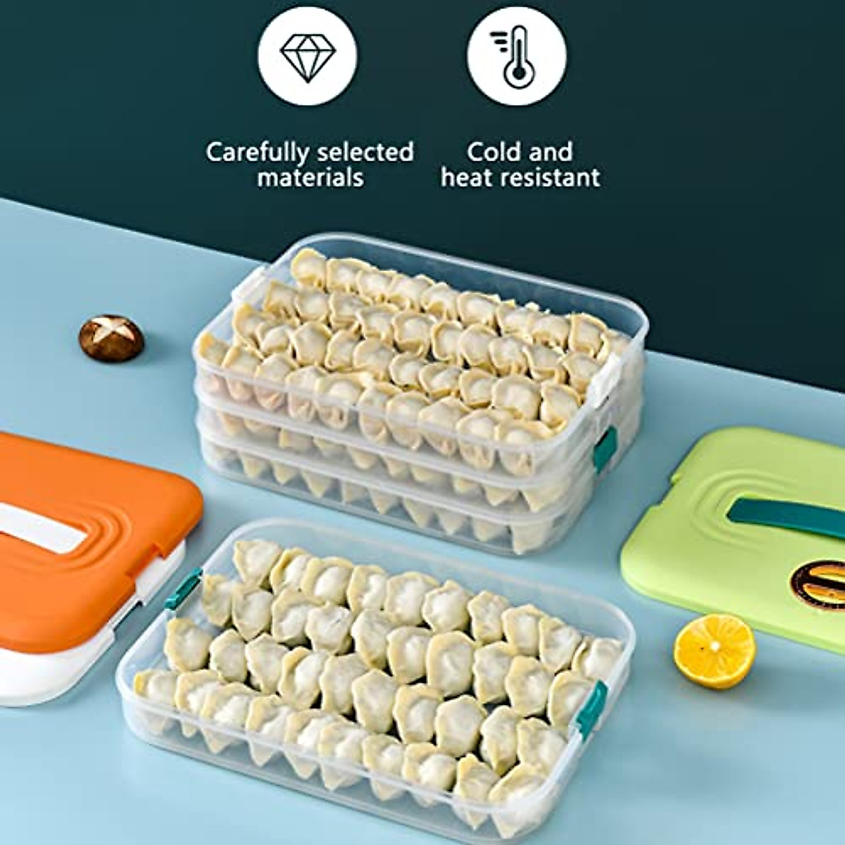 OHEPFD Refrigerator Organizer Bins,Food Storage Containers with Lids Dumpling Storage Box 3-Layer Stackable Food Storage Tray Organizer Holder for Kitchen Fridge, Dark Green 3 Layer, 30.5*23*12cm