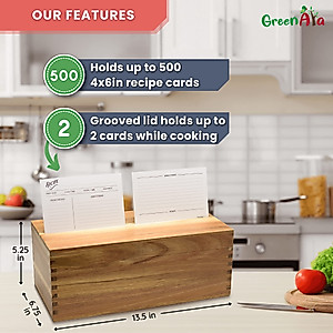 Beautiful Handcrafted Recipe Box of Genuine Acacia Wood - Larger Size Holds 500 4x6 Cards in 2 Rows. Includes 50 Cards, 15 Dividers, Grooved Lid Display. Protected with Mineral Varnish. Ideal Gift