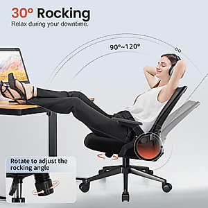 COMHOMA Office Chair with Flip-up Armrests Ergonomic Computer Desk Chair Foldable Mesh Task Chair with Wheels Adaptive Lumbar Support Swivel Tilt Comfortable Study Chair, Black (Seat Depth 17.7")