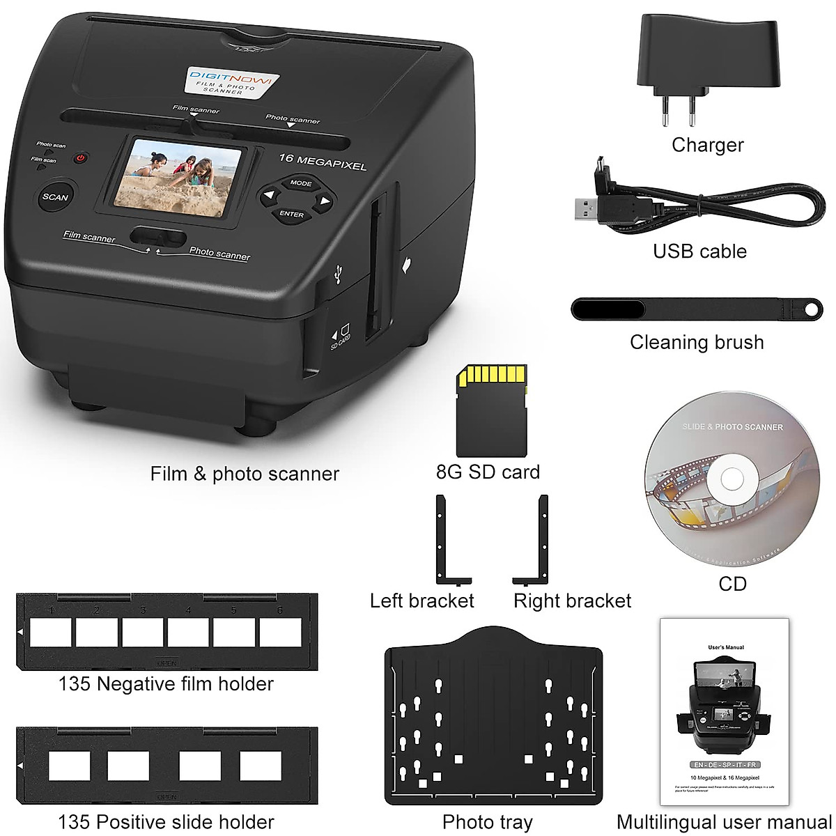 DIGITNOW Film & Photo Scanner,4-in-1 Film Scanner, with 2.4" LCD Screen Converts 35mm/135 Slides & Negatives Film, Photo, Business Card for Saving to 16MP Digital Images,8GB Memory Card Included