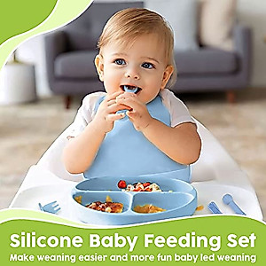 BAEDIMI Baby Led Weaning Supplies - Silicone Baby Feeding Set - Divided Plate, Suction Bowl, Bib, Self Feeding Spoon and Fork, Teethers Set - First Stage Solid Food Eating Utensils 6+ Months