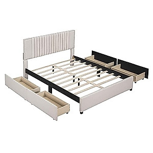 ATY Queen Size Platform Bed with 4 Storage Drawers & Classic Headboard, Upholstered Linen Bedframe, Save Space, Perfect for Bedroom,Livingroom,Guestroom, No Box Spring Needed, Beige