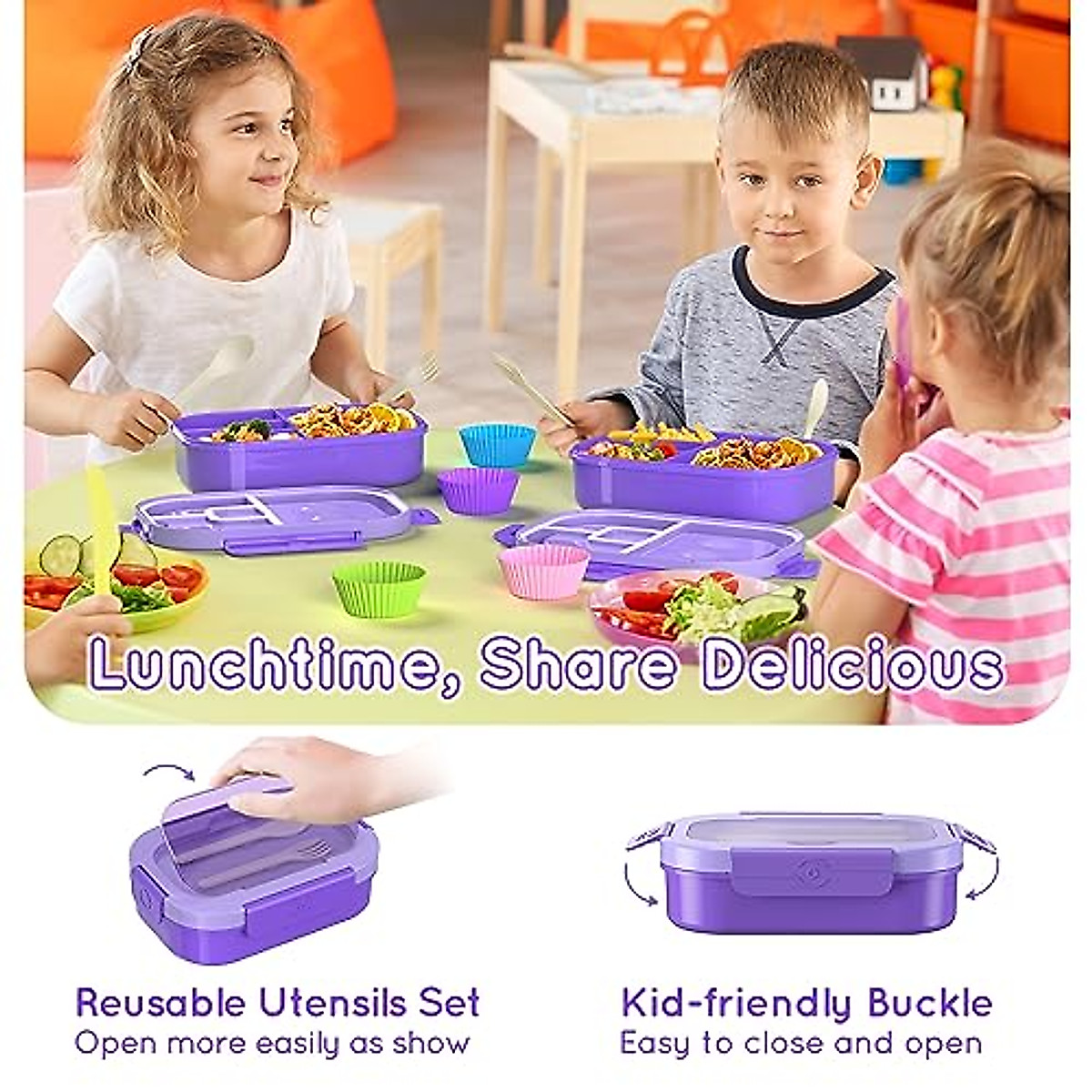 TIME4DEALS Lunch Box Kids Adult Bento Box Bento-Style Lunch Box 1300ml Ideal Portion Size Leak Proof Bento Lunch Box for Teens Toddlers, BPA Free Lunchbox Containers for School Work Picnic (Purple)