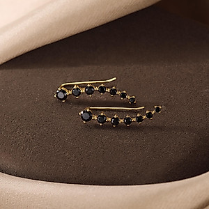 Reffeer 925 Sterling Silver 7 Crystals Cuff Earrings Climber for Women CZ Crawler Earrings Wraps (D-Gold-Black CZ)