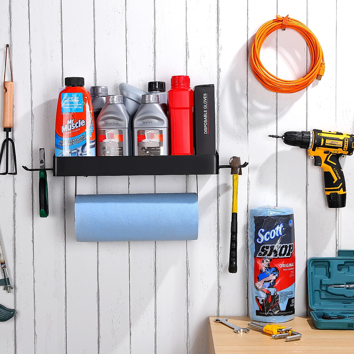 YIGII Garage Paper Towel Holder with Shelf - Wall Mount Paper Towel Holder with 4 Hooks, Single-Hand Tear Paper Towel Rack Heavy Duty Tissue Holder for Clean Station, Craft Room, Workbench (Black)