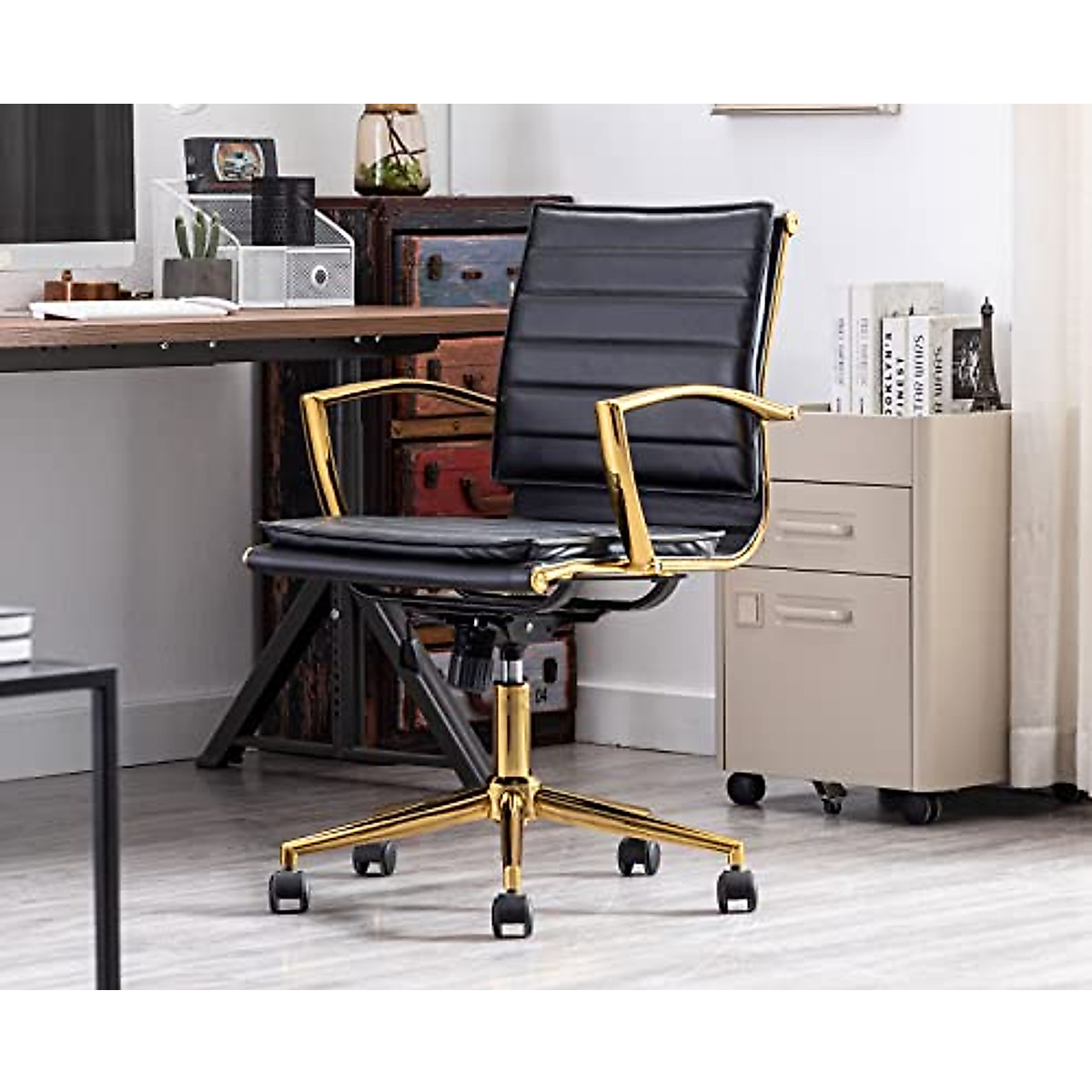 Shunzhi Leather Desk Chair with Armrest PU Leather Office Midback Adjustable Home Computer Executive Swivel Conference Task Managers Chair with Chrome Base, Black and Gold