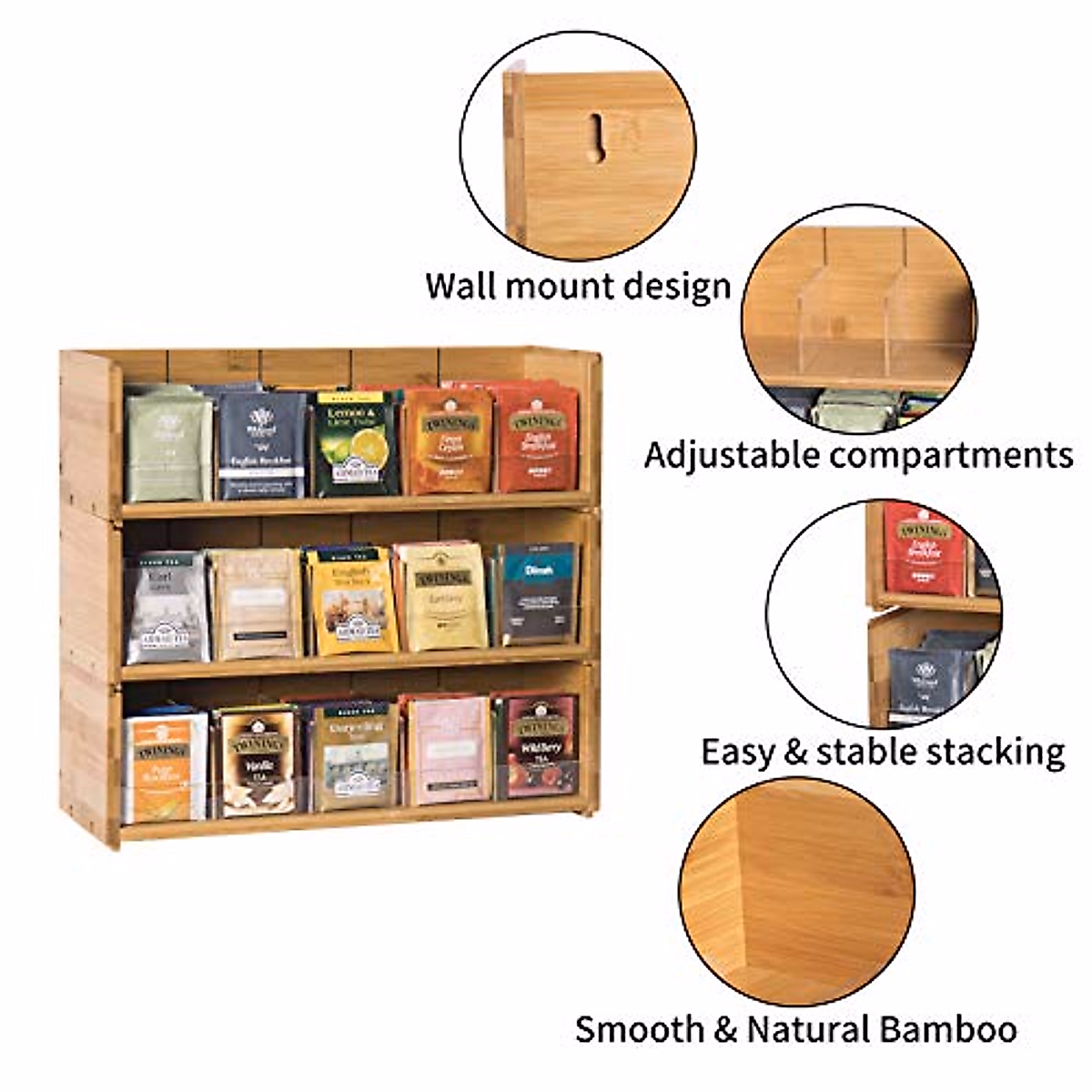 Bamboo-Tea-Bag-Organizer-Storage-Box-3-Tier-Stackable-Holder Tea Bag Box Natural Wood Wall Mount Tea Chests with Acrylic for tea bags Office Kitchen Cabinet Pantry