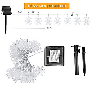 Solar Snowflake String Lights Outdoor Waterproof 100 Led 32.9 Feet Fairy Lights with 8 Lighting Modes for Wedding, Party, Garden, Patio, Yard, Home (Warm White)