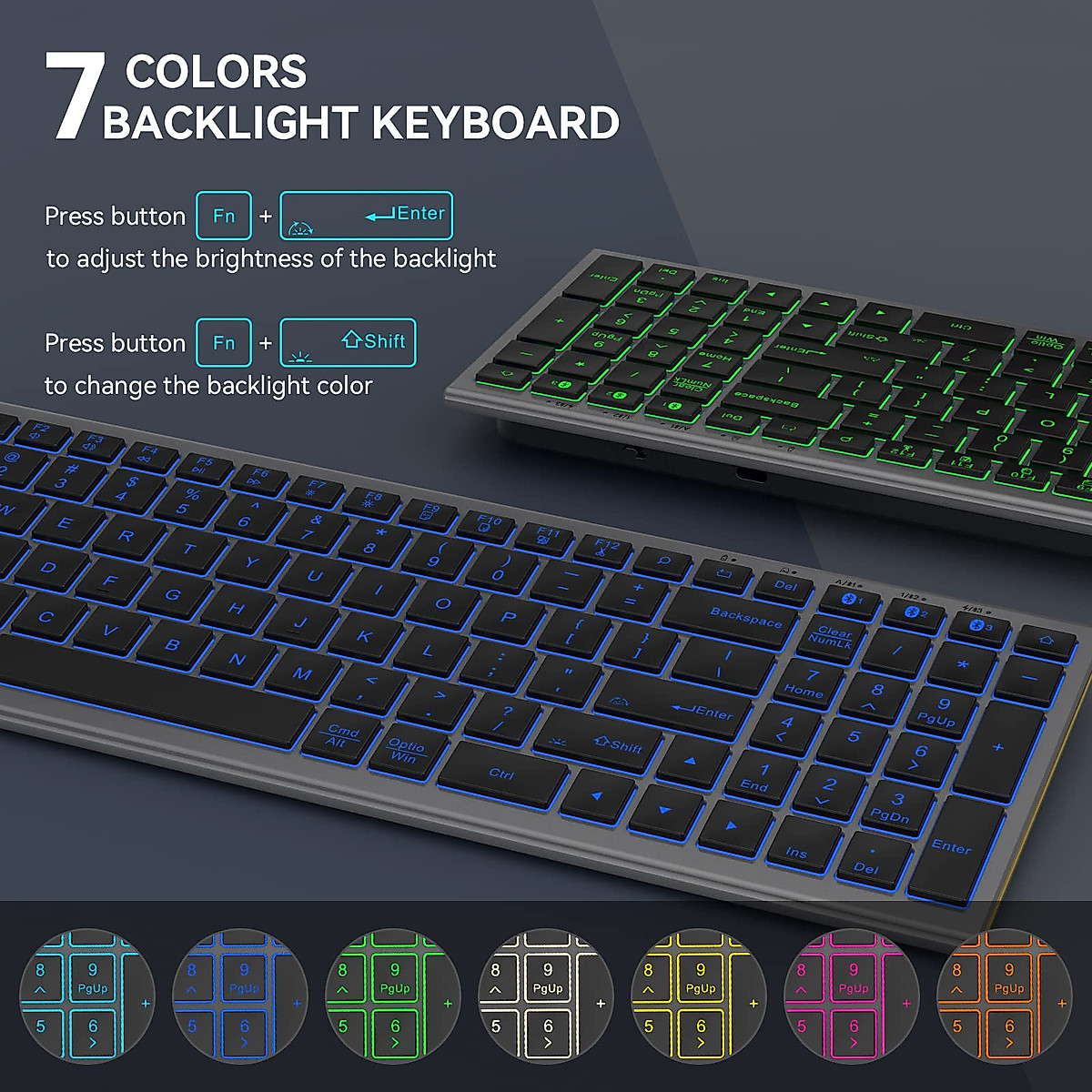 VIVEFOX Bluetooth Wireless Backlit Keyboard for 3 Device, Rechargeable Keyboard QWERTY Cordless Ultra-Thin Silent Keyboard for PC, Laptop, Tablet, MacBook, iPad, iMac, Smartphone, Space Gray