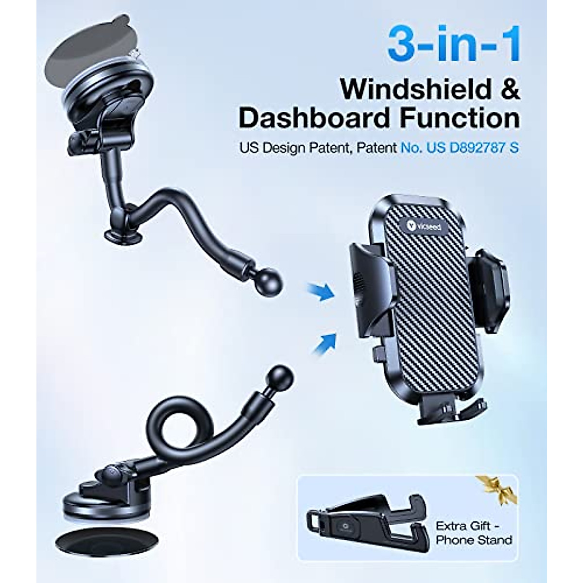 VICSEED Universal Phone Mount for Car [Strong Suction] [Flexible Durable Long Arm] Gooseneck Car Phone Holder Mount Windshield Dashboard 360 Rotation Cell Phone Holder Car for All Mobiles & Cases
