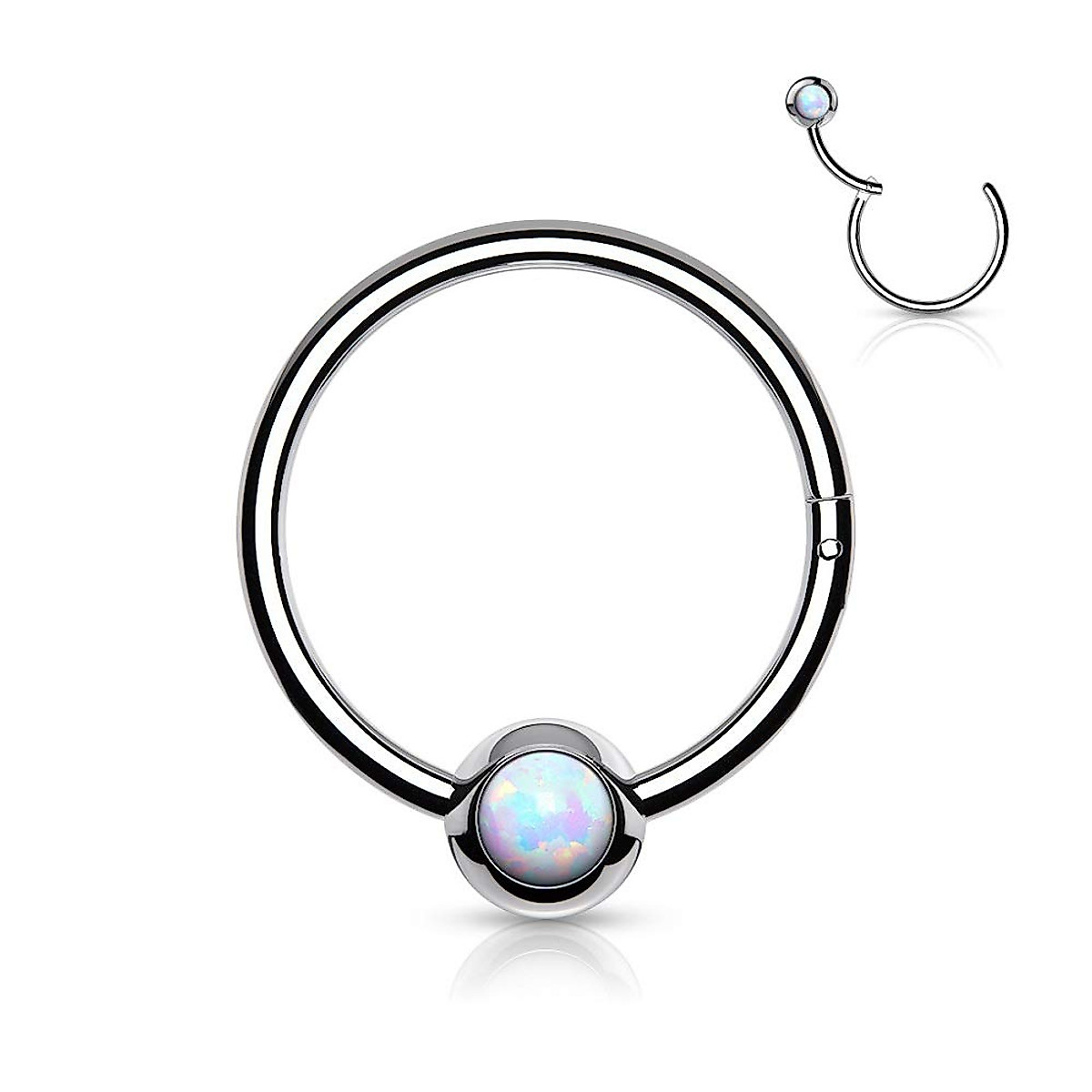 Pierced Owl 18GA Stainless Steel Synthetic Opal Ball Cartilage Helix Daith Septum Hinged Segment Ring (Silver Tone/White, 10mm Diameter)