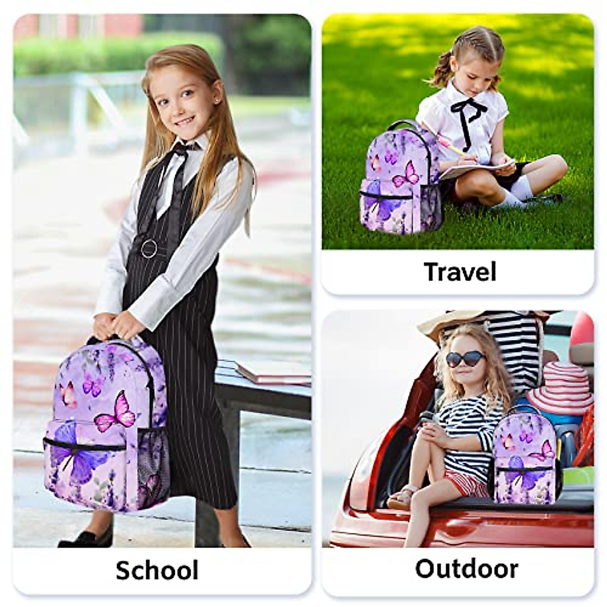 Lamtwbos Purple Butterfly Lavender Kids Backpacks for Girls Middle-School Elementary Bookbags 17 Inch Waterproof Lightweight Schoolbag for Kids