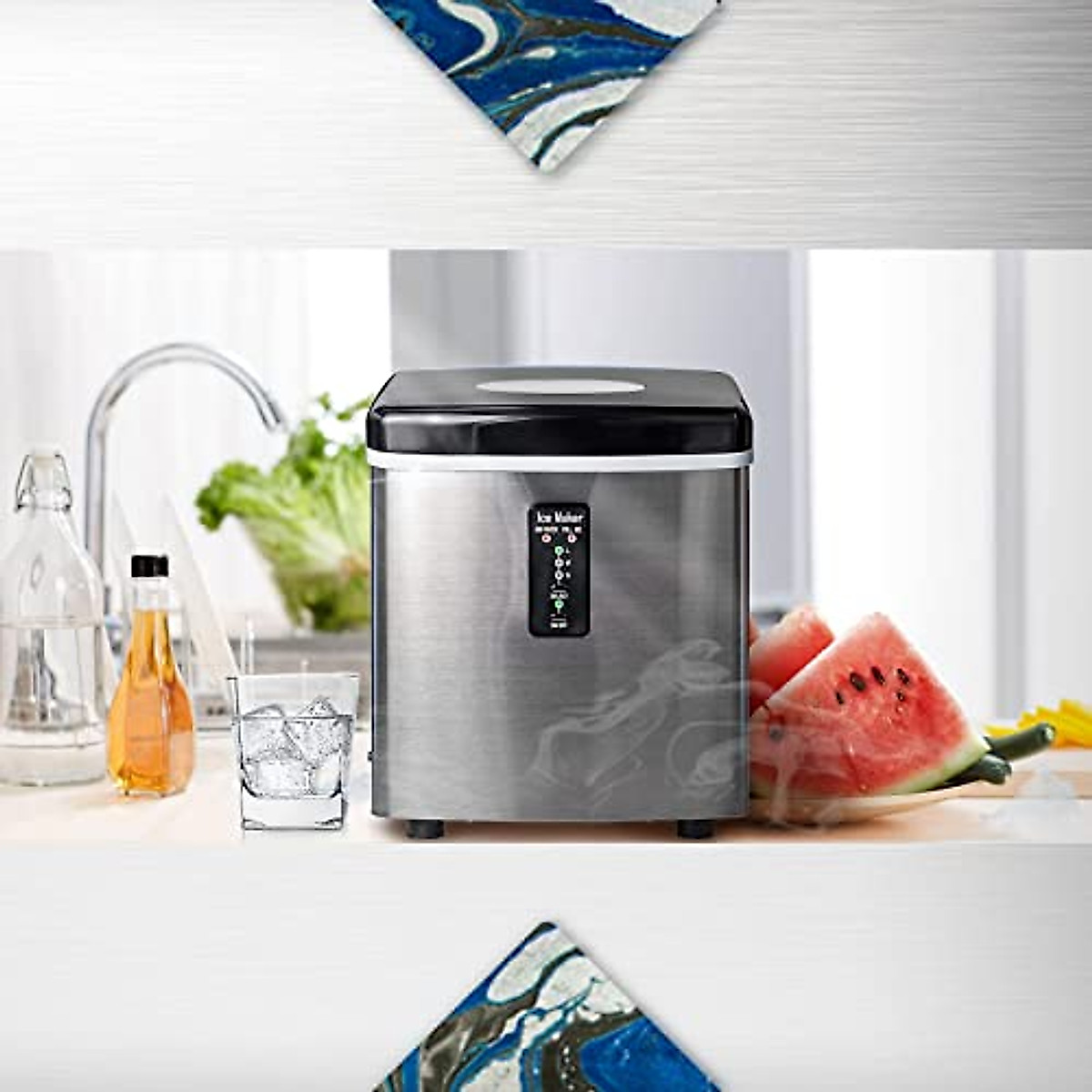 SMETA Countertop RV Ice Maker Portable Nugget Ice Machine Chewable Compact Mini Ice Chip Maker 39LBs Ice/24H Stainless Steel, Bullet Ice Cubes in 8 Mins, Crunchy Style with Ice Scoop & Basket