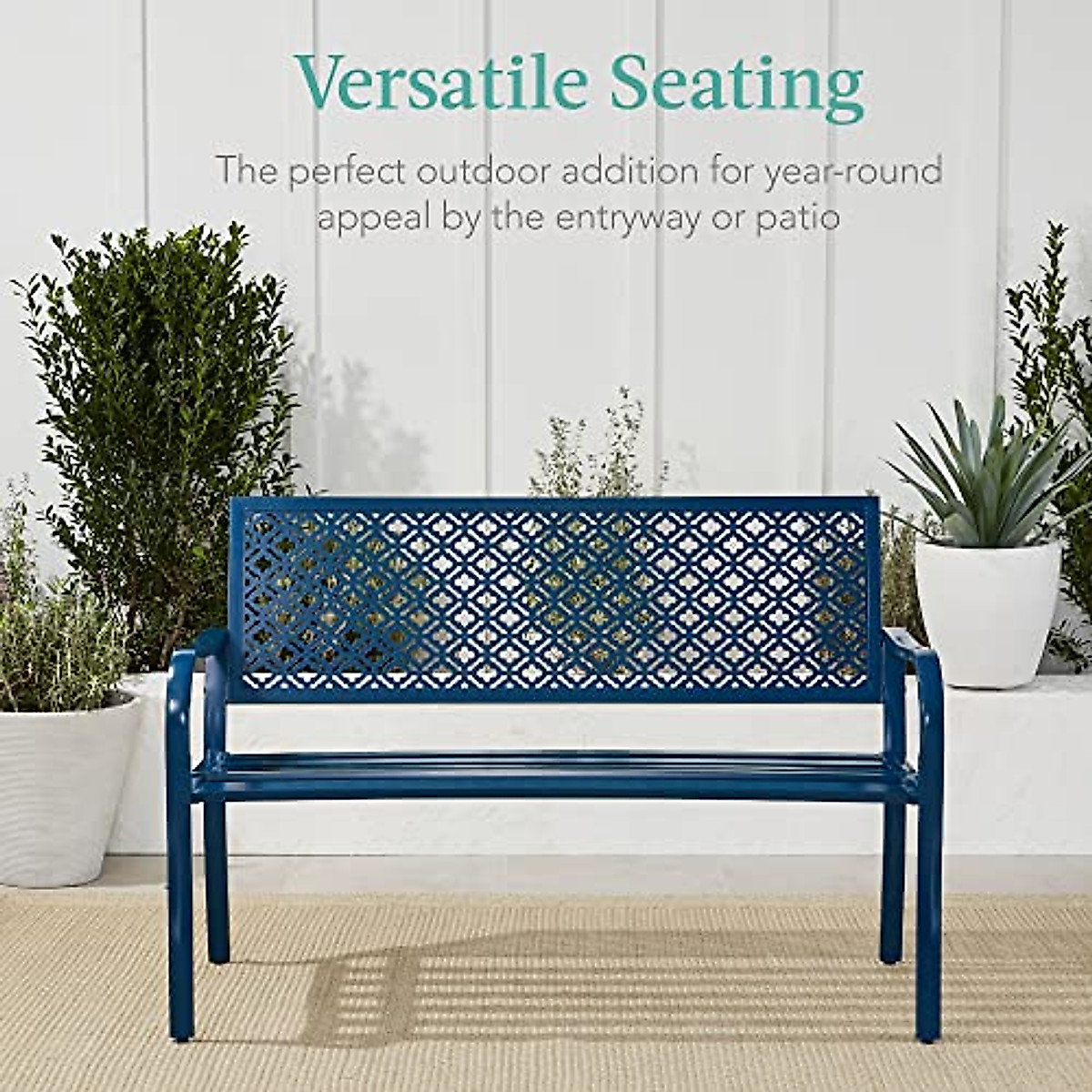 Best Choice Products Outdoor Bench 2-Person Metal Steel Benches Furniture for Garden, Patio, Porch, Entryway w/Geometric Backrest, 790lb Capacity - Peacock Blue