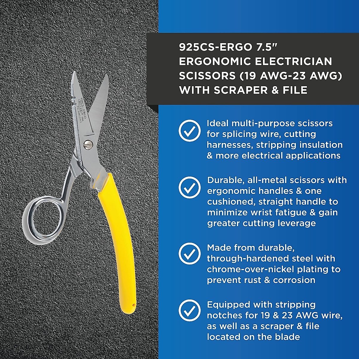 Miller 925CS-ERGO Ergonomic Metal Electrician Splicing Scissors with Scraper and File, Easily Portable Electrician Scissors for Working Technicians,