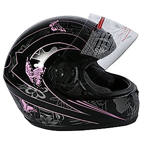 TCT-MOTORPARTS Motorcycle Motocross Flip Up Helmet Full Face DOT Helmet Pink Black Butterfly Full Face Street Sport for Women Men (Small)