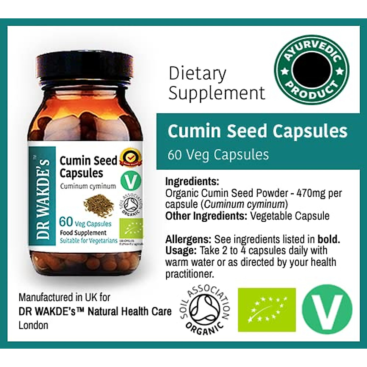 DR WAKDE'S Organic Cumin Seed Capsules, Organic | 60 Veg Caps | Ayurvedic Supplement | Vegan | 100% Herbal | Quantity Discounts | Same Day Dispatch