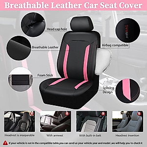 CAR PASS Black Pink Leather Car Seat Covers Full Set, Waterproof Durable Faux Leather Seat Covers 5 Seats Cushion Protector, Rear with Zipper, Airbag Fit for Women SUV Pick UpTruck Sedan Vehicle Auto