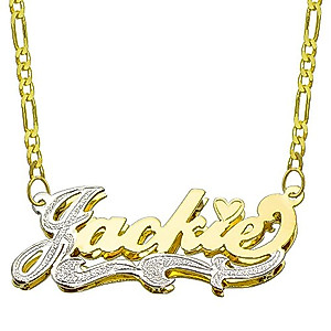 Pyramid Jewelry 14K Two Tone Gold Personalized Double Plate 3D Name Necklace - Style 2 (16 Inches, Light Figaro Chain)