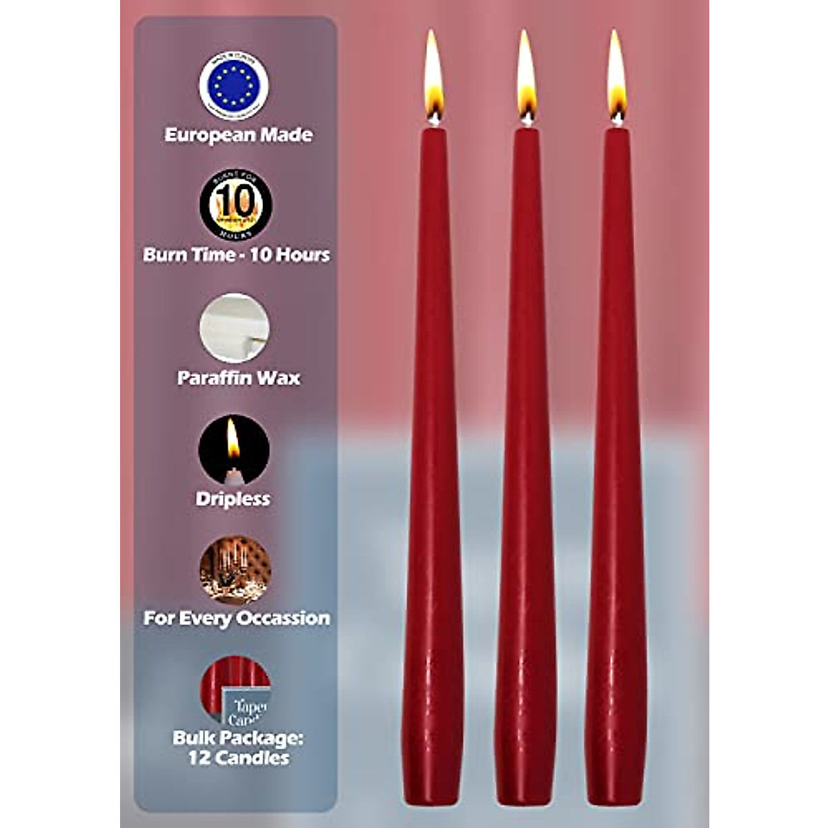 Hyoola Tall Taper Candles - 12 Inch Cherry Red Unscented Dripless Taper Candles - 10 Hour Burn Time - 12 Pack