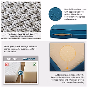 WAROOM Outdoor Couch 3 Seater Wicker Patio Sofa Grey Rattan Deep Seat Balcony Furniture Porch Seating with Peacock Blue Cushion