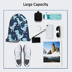 Beabes Blue Dinosaur Print Drawstring Backpack Bag - Dino Little Cute Cartoon Animal Pattern Roar Series Sport Gym Sack Drawstring Bag for Men Women