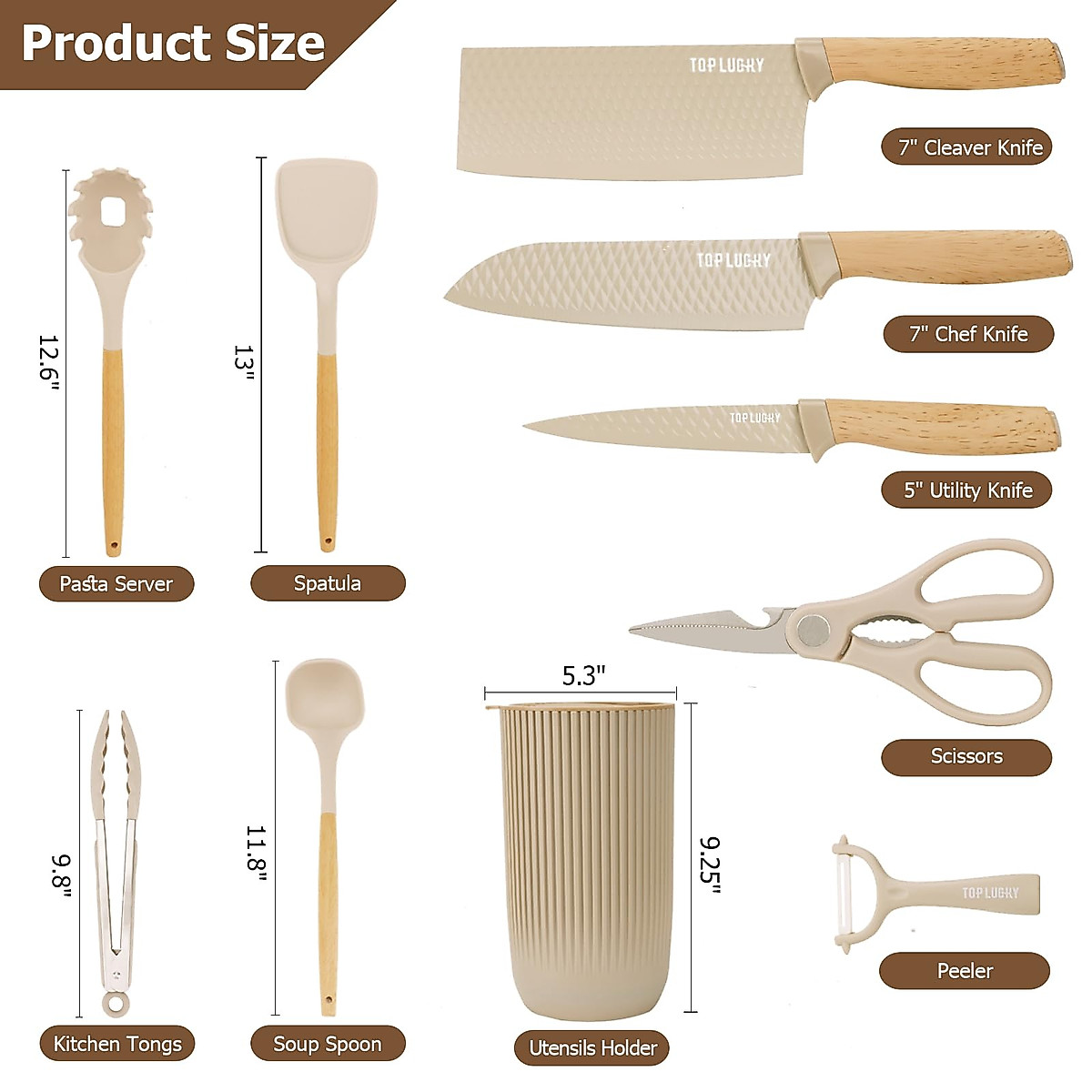 FTNESGYM Kitchen Knife Set, Knife Sets with Block and 4 PCS Kitchen Utensils Set, 10-in-1 Cooking Utensils Set with Knife Set and Utensils Holder, Silicone Spatula Set for Kitchen (Khaki)