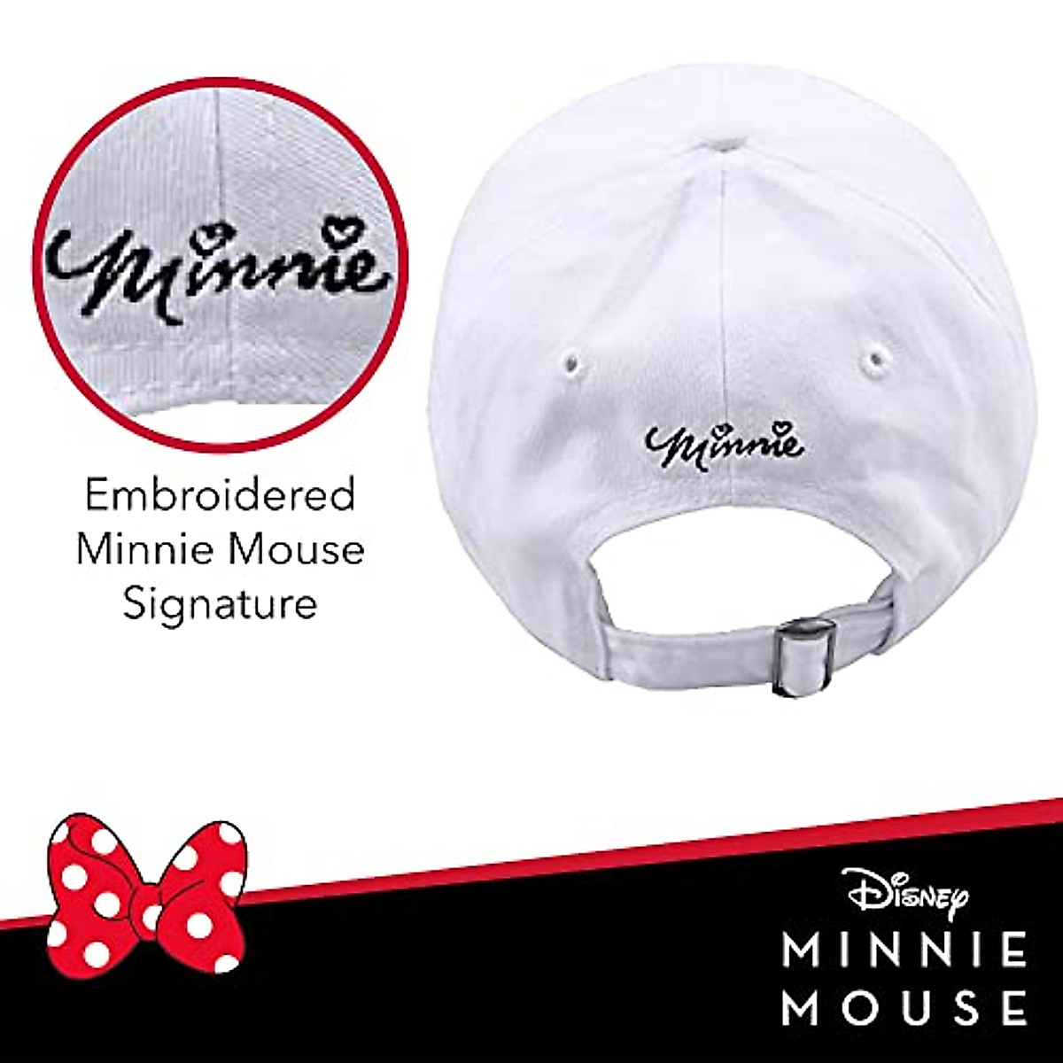 Disney Minnie Mouse Bows Embroidered Cotton Adjustable Dad Hat with Curved Brim, White, One Size