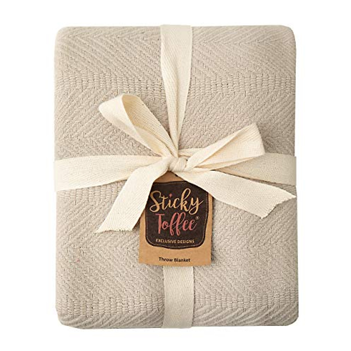 Sticky Toffee Cotton Woven Tan Throw Blanket, Lightweight Herringbone Weave, Warm and Soft Blanket for Couch Sofa or Bed, Oeko-Tex Cotton Throw, 60 in x 50 in