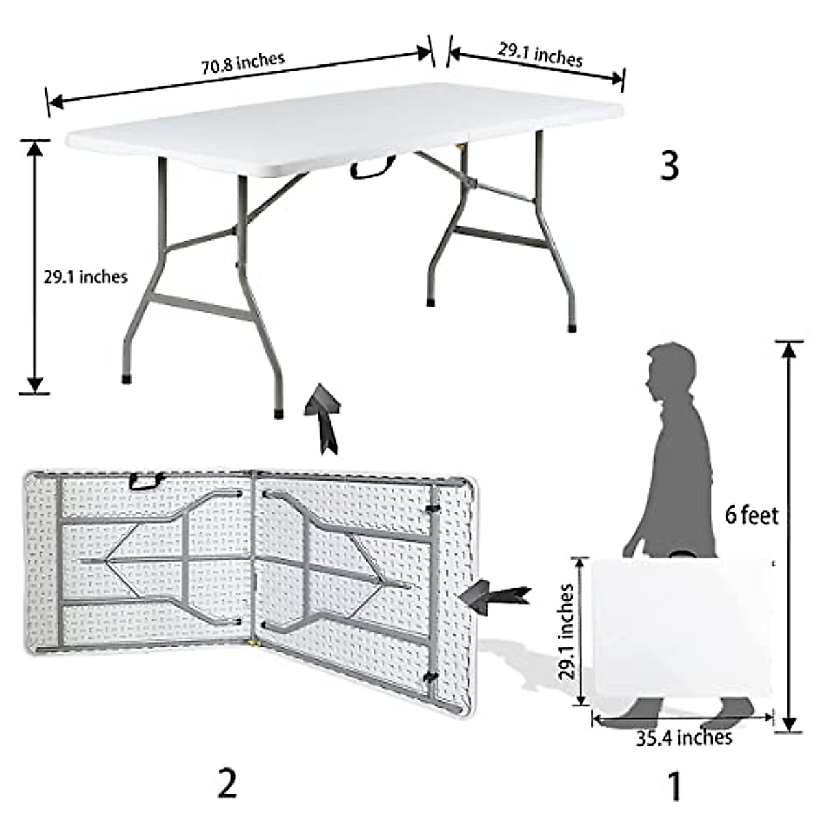 Go-Trio 6 Foot Folding Table 6ft Portable Plastic Tables for Party, Fold-in-Half Foldable Heavy Duty Table, 6’Utility Dining Card Long Table, Indoor Outdoor Folded up for Picnic, Camping, White, Large