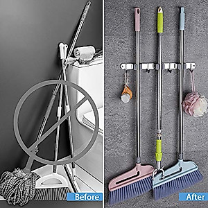 JEWJIO Broom Mop Holder, 15 Inch Wall Mounted Broom Storage Rack Utility Hanger 3 Racks 4 Hooks for Bathroom Home Kitchen Office Closet Garage Stainless Steel Heavy Tool Storage Rack