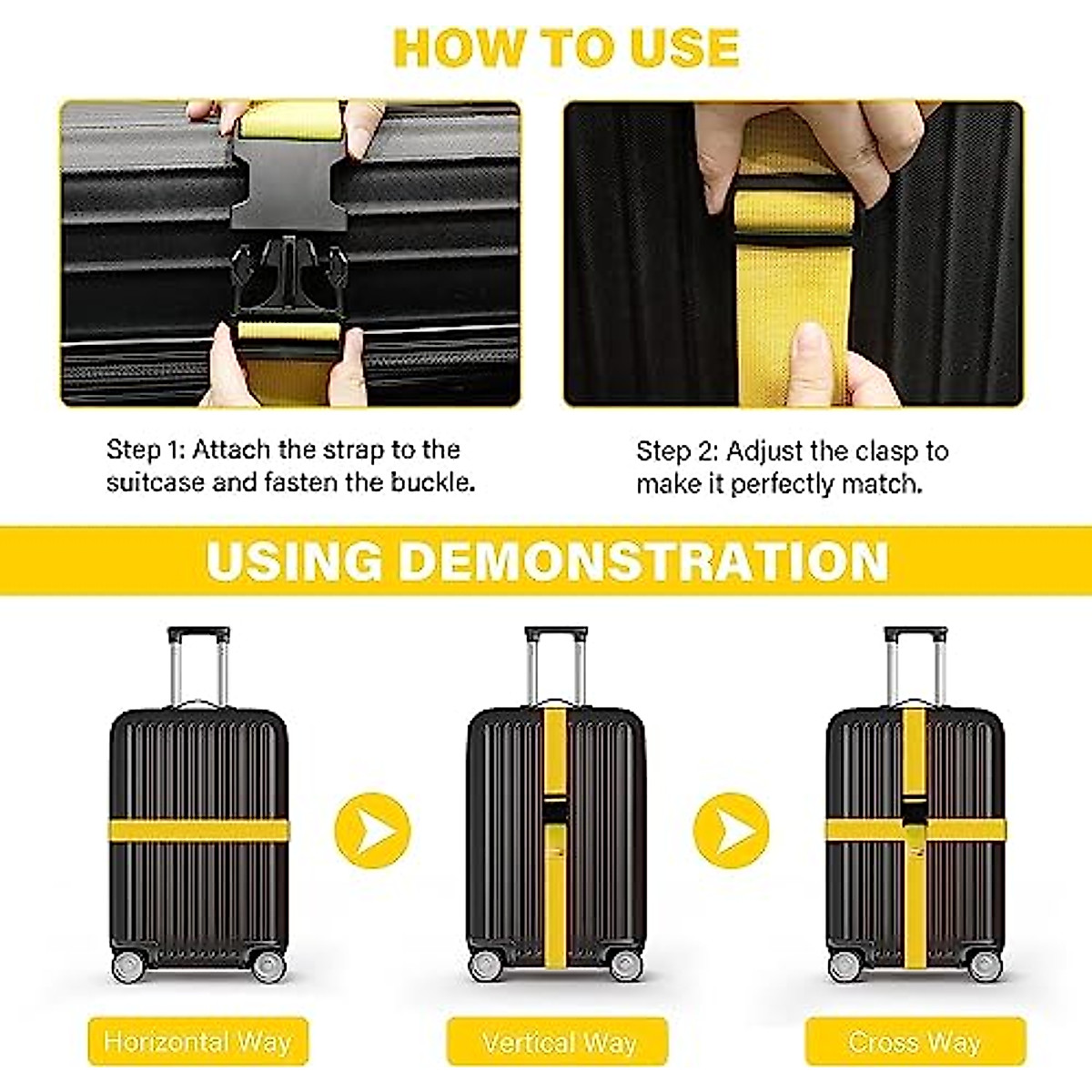 BILIONE Luggage Straps Belts TSA Approved Keep Suitcase Secure While Traveling, 79" Long Add a Bag Premium Accessory for Travel Bag Closure, 4 Pack Yellow Black