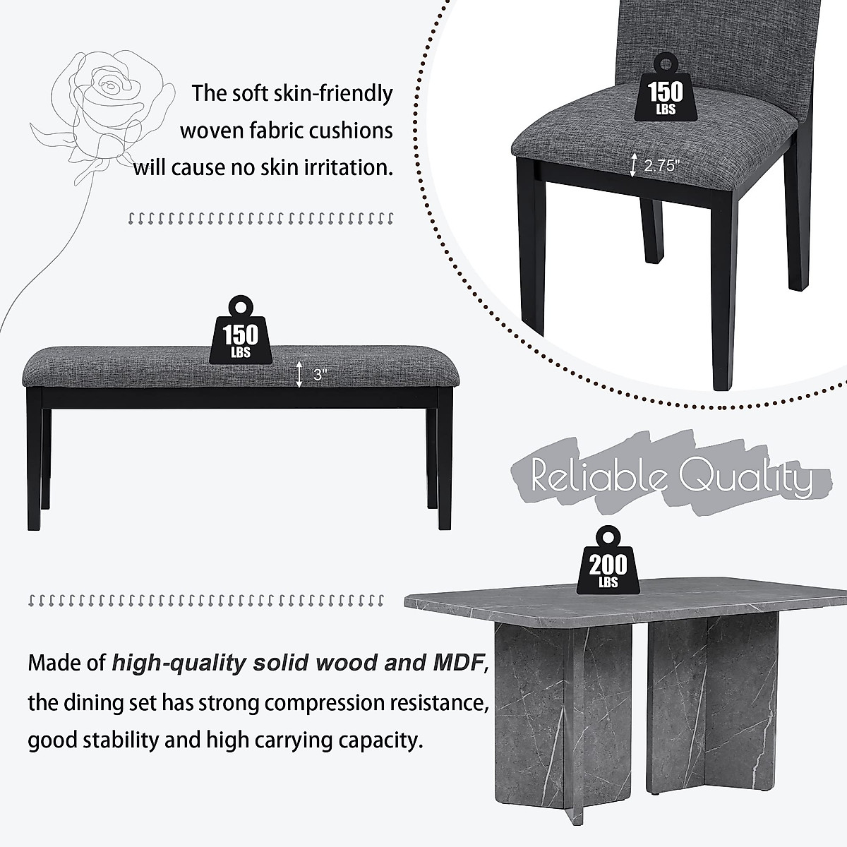 BIADNBZ 6-Piece Dining Table Sets for 6,Wooden Kitchen Furniture with Faux Marble DiningTable,4 Upholstered Chairs & 1 Bench for Home DiningRoom,Modern and Classic Style, Gray