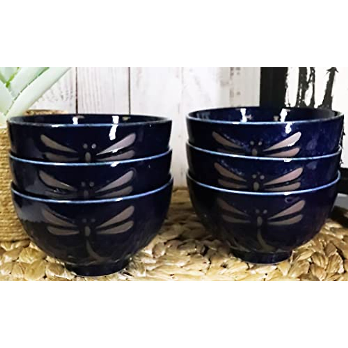 Ebros Pack Of 6 Made in Japan Midnight Blue Tombo Dragonfly Rice Soup Cereal Salad Dessert Stoneware Porcelain Bowls 4.5"D Home Decor Japanese Zen Fusion Accent Bowl Set Serveware Dinnerware