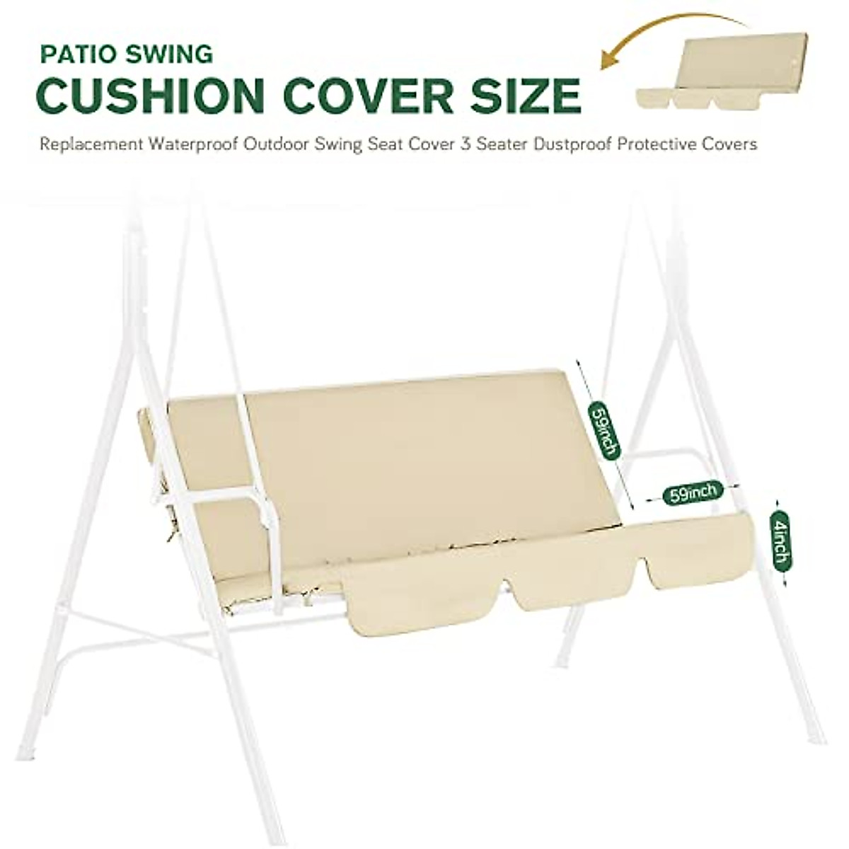 Moutosne Patio Swing Cushion Cover Replacement Waterproof Outdoor Swing Seat Cover 3 Seater Dustproof Protective Covers for 3 Seat Garden Swing Chair Cushions (Only Cover, No Cushion) 59x59x4 Inch